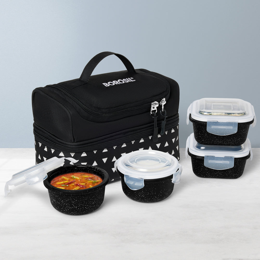 Borosil Kube Black Universal Glass Lunchbox, 320ml x 2 + 240ml x 2