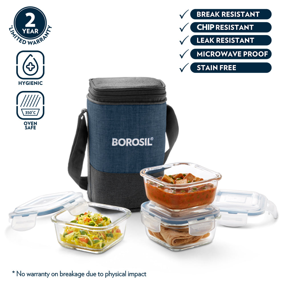 Buy Elite Blue Grey Glass Lunch Box, Square x 4 (Tall) at Best Price ...